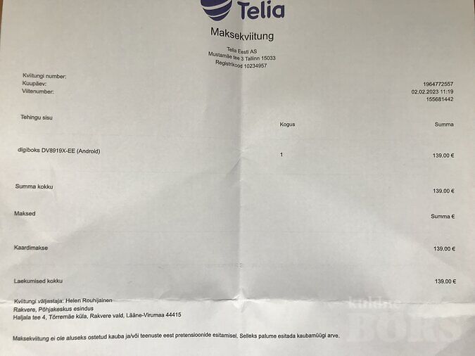 TELIA ANDROID TV DIGIBOKS DV8919X-EE, müük, kuulutus 87802155 - Kuldne Börs